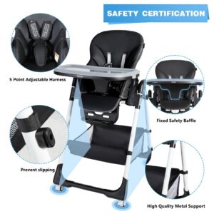 Kinder King High Chair for Babies & Toddlers, Simple Fold Highchair w/Large Storage Basket, Adjustable Height, Recline & Footrest, Detachable Double Trays, PU Cushion, Easy to Move & Clean, Black