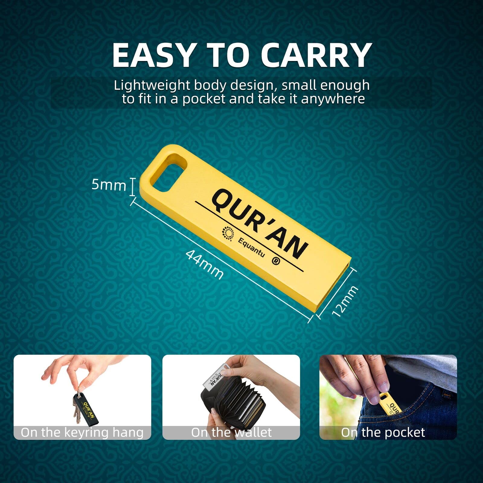 EQUANTU Quran USB Flash Drive - Portable 32GB Thumb Flash Drive, Quran in MP3 Format, 27 Famous Readers, Appliable for Cars, Laptops, Quran Speaker, and Other USB Compatible Devices (Silver)