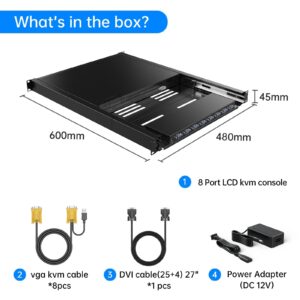 17" LCD KVM Console 8 Port VGA, Yinker Rackmount KVM Switch Fit 1U 19" Rack, Keyboard Monitor Touchpad Drawer Integrated + Cables