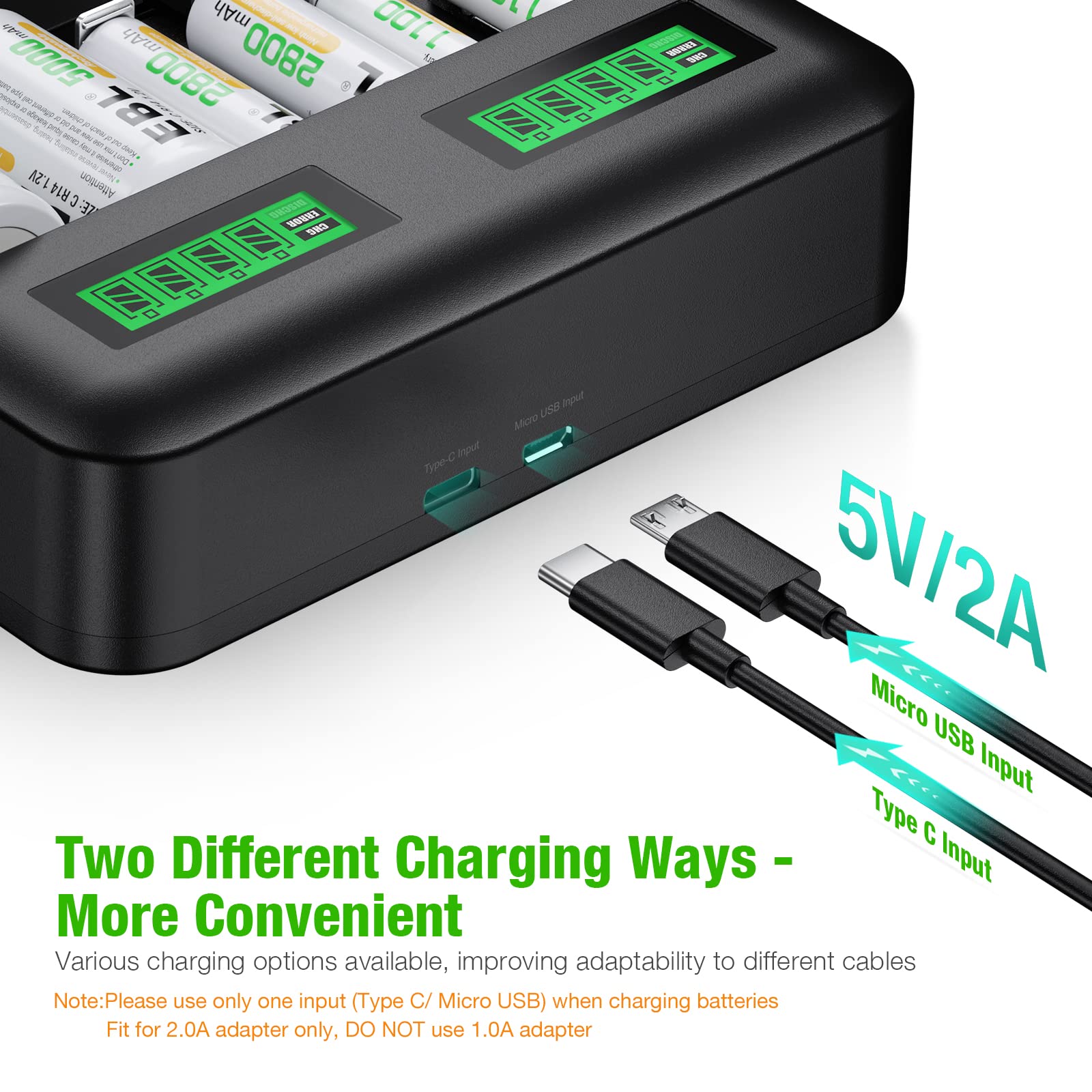 EBL LCD Rechargeable Battery Charger for Ni-MH AA AAA C D Rechargeable Batteries with Rechargeable D Batteries - 4 Pack