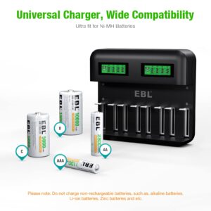 EBL LCD Rechargeable Battery Charger for Ni-MH AA AAA C D Rechargeable Batteries with Rechargeable D Batteries - 4 Pack