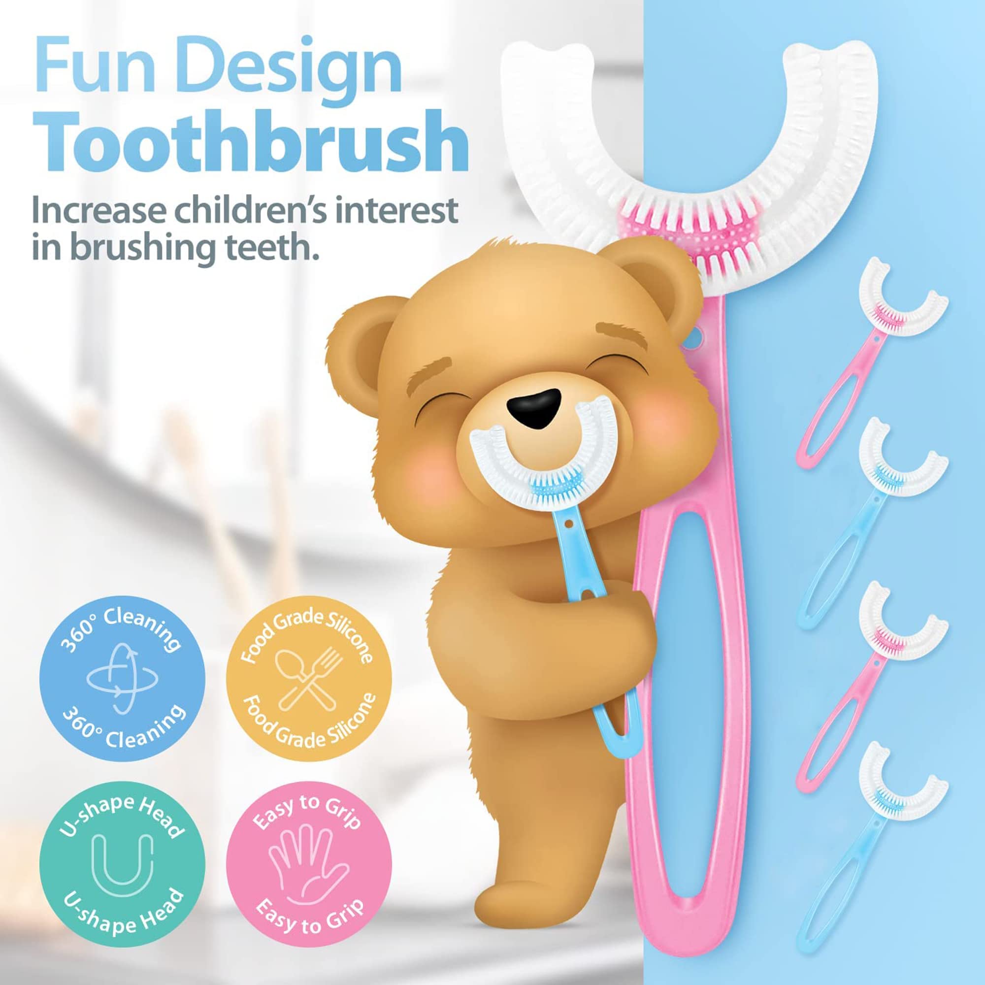 U Shaped Toothbrush l Kids Toothbrushes With Silicone Brush Head - Soft Manual Training Toothbrush, 360° Oral Teeth Cleaning Design for Children, Childrens U Shaped Toothbrush, 4 Pack Kids