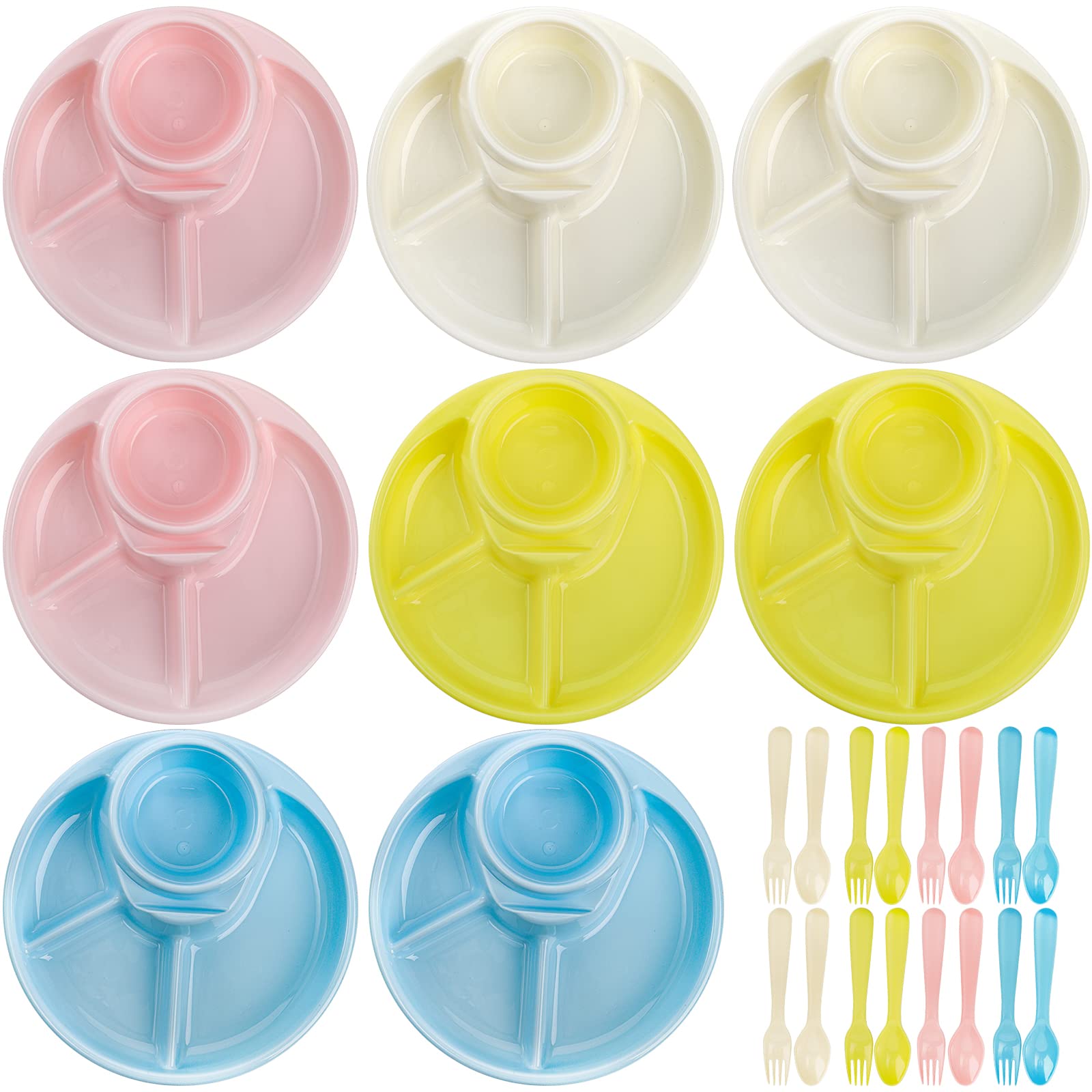 Hedume Set of 8 Toddler Feeding Divided Plates with Fork and Spoon, 4-Compartment Divided Plastic Kids Tray with Deep Sides for Baby, Toddler & Child Feeding, BPA Free, Microwave & Dishwasher Safe