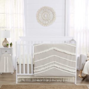 sweet jojo designs boho bohemian baby boy girl nursery crib bedding set - 4 pcs - solid taupe beige ivory cream off white linen farmhouse shabby chic designer modern minimalist tufted tassel macrame