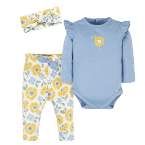 gerber baby girls long sleeve onesies 3-piece bodysuit, pants & headband set, yellow sunflower, 3-6 months us