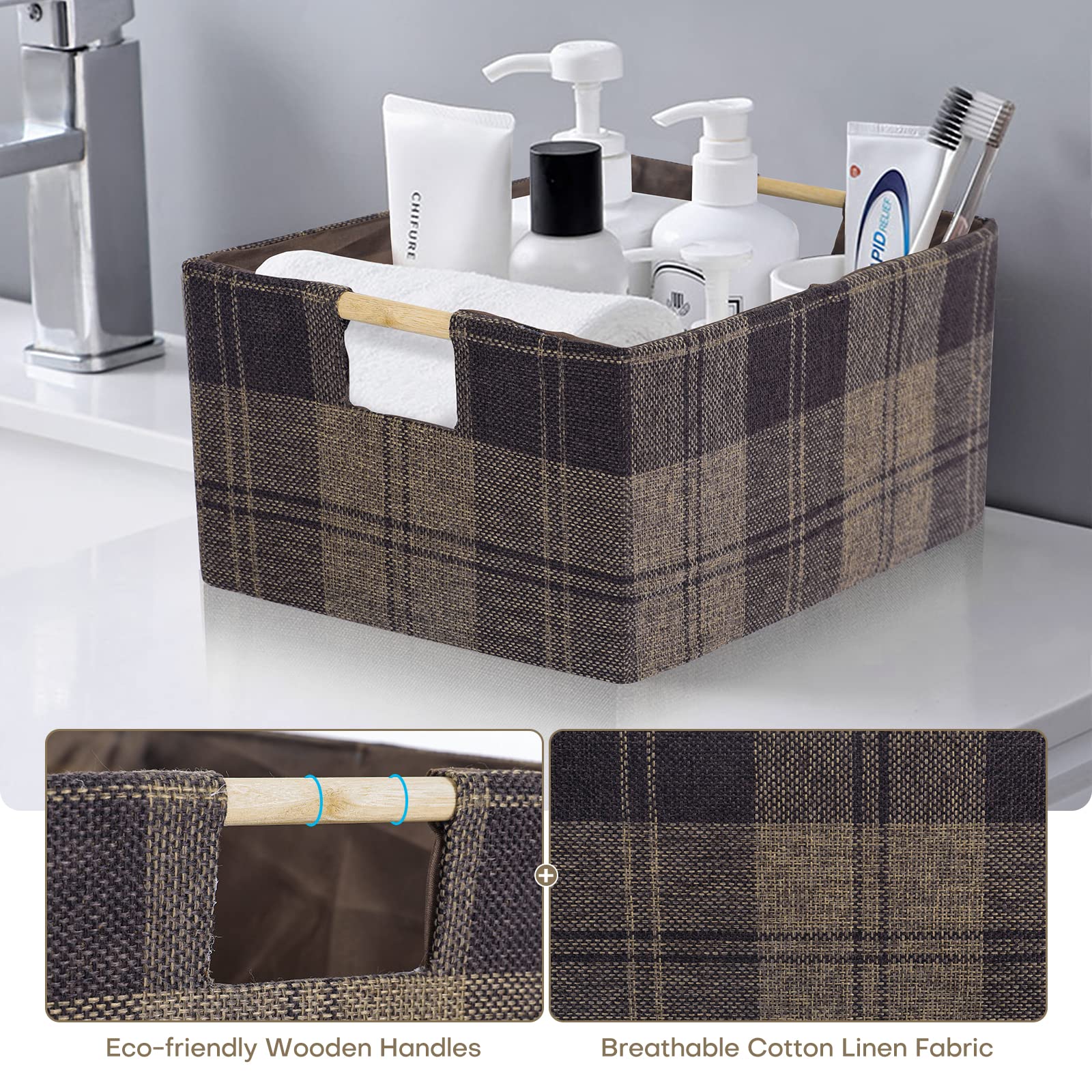 ANMINY 2PCS Storage Bins Set Foldable Cotton Linen Open Storage Baskets Box with Wood Handles Decorative Shelf Closet Clothes Towel Laundry Organizer Container - Medium, Coffee Plaid