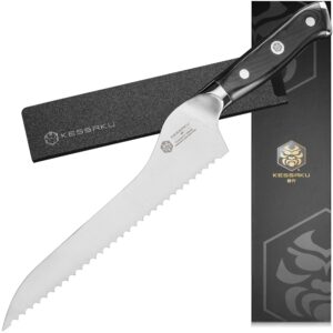 kessaku offset bread deli serrated knife - 8 inch - dynasty series - razor sharp kitchen knife - forged thyssenkrupp german high carbon stainless steel - g10 garolite handle with blade guard