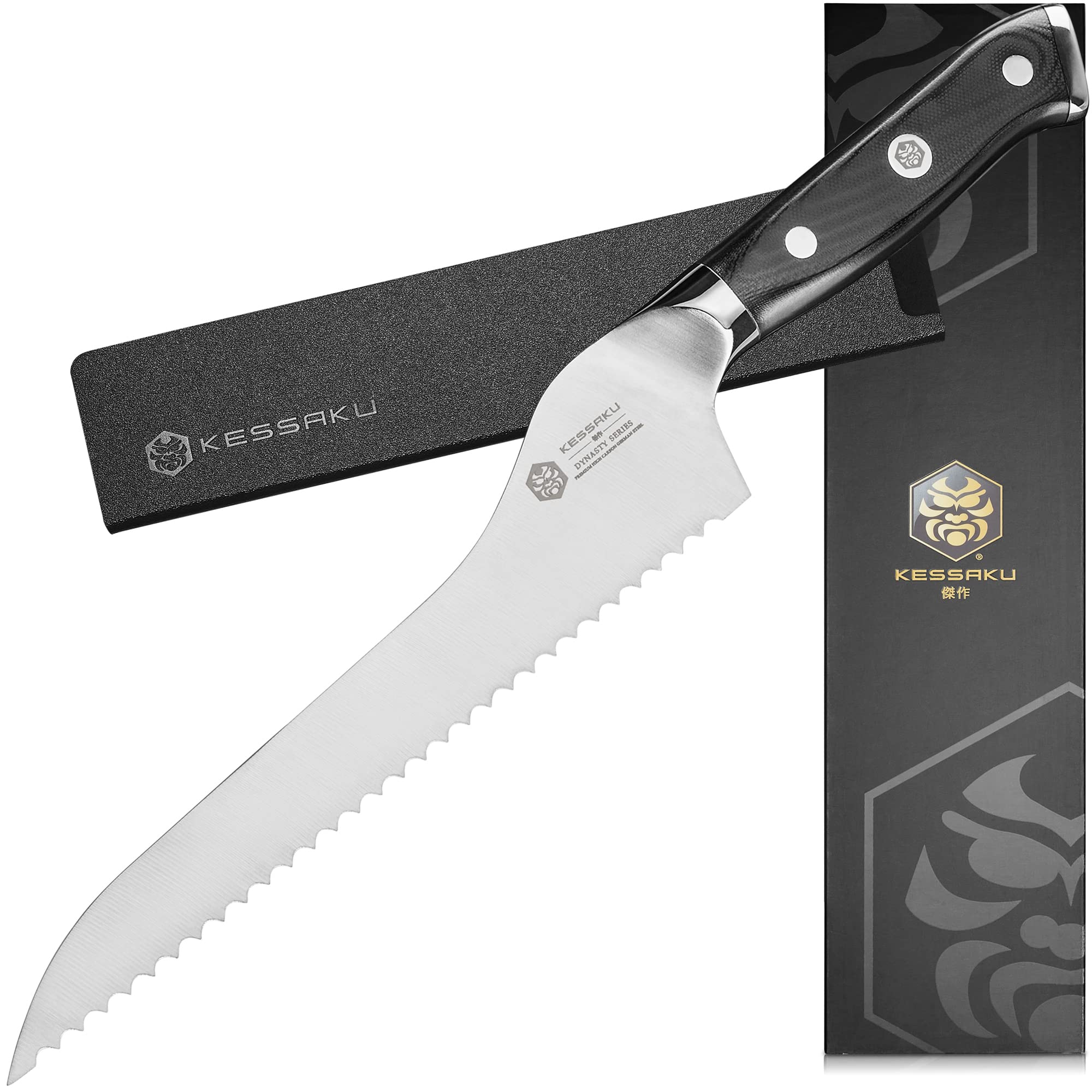 KESSAKU Offset Bread Deli Serrated Knife - 8 inch - Dynasty Series - Razor Sharp Kitchen Knife - Forged ThyssenKrupp German High Carbon Stainless Steel - G10 Garolite Handle with Blade Guard