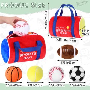 Skylety 6 Pieces My Soft Sports Bag Stuffed Plush with Sound Playset Stuffed Plush Soccer Ball, Basketball, Tennis, Baseball, Football for Little Teenager Party Favor Sports Game