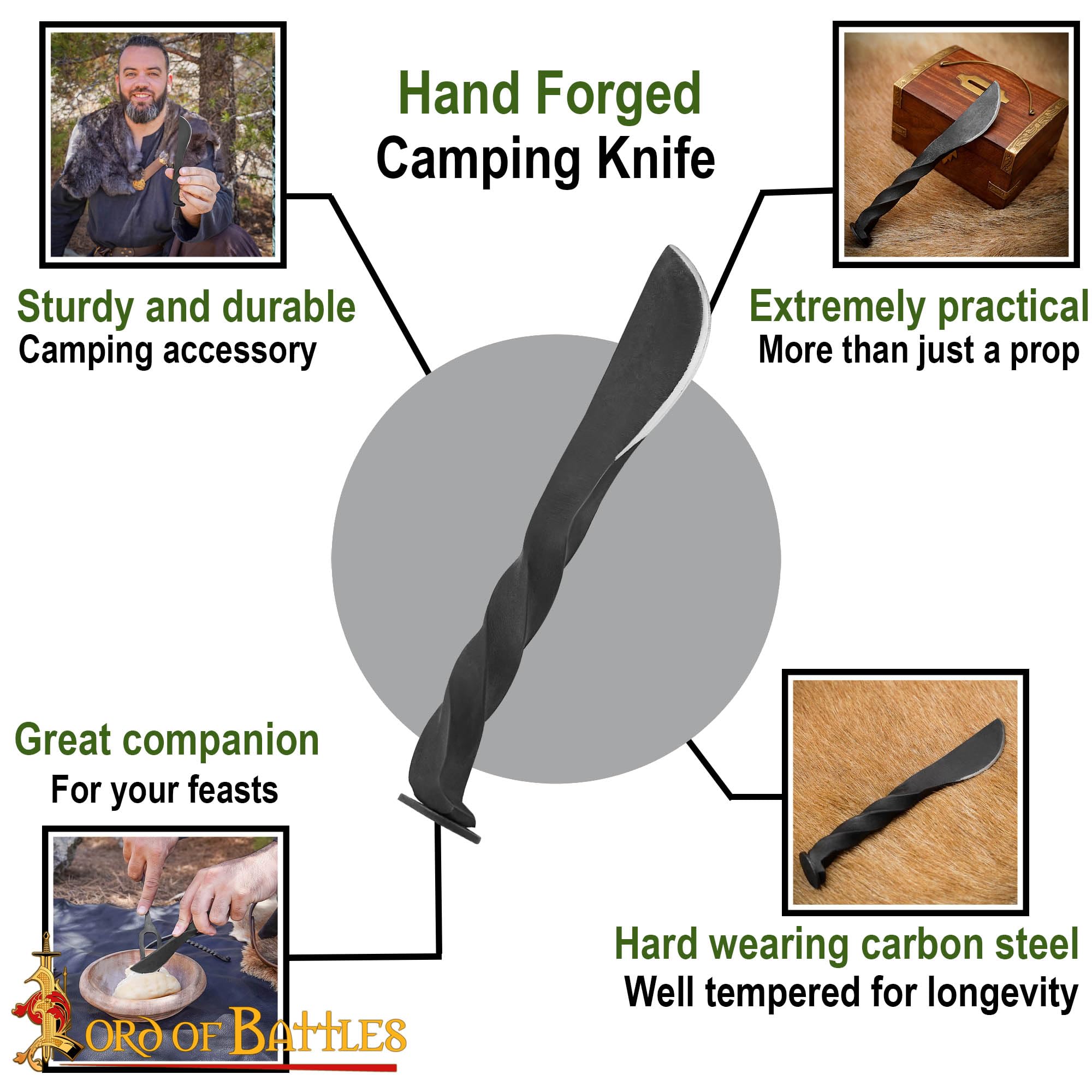 Lord of Battles Medieval Knife Camping Spike Knife Hand Forged Iron Twisted Handle Functional Medieval Knife Perfect for Historical Reenactments, Camping & Outdoor Activities