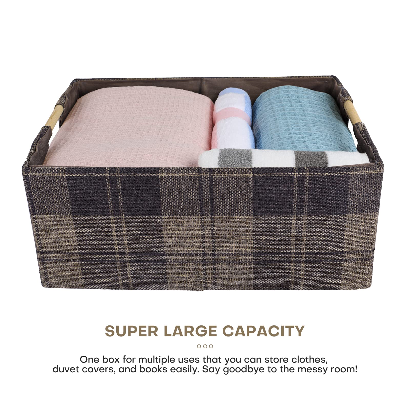 ANMINY 2PCS Storage Bins Set Foldable Cotton Linen Open Storage Baskets Box with Wood Handles Decorative Shelf Closet Clothes Towel Laundry Organizer Container - Medium, Coffee Plaid