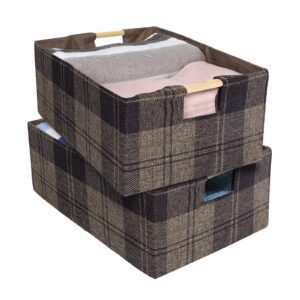 anminy 2pcs storage bins set foldable cotton linen open storage baskets box with wood handles decorative shelf closet clothes towel laundry organizer container - medium, coffee plaid