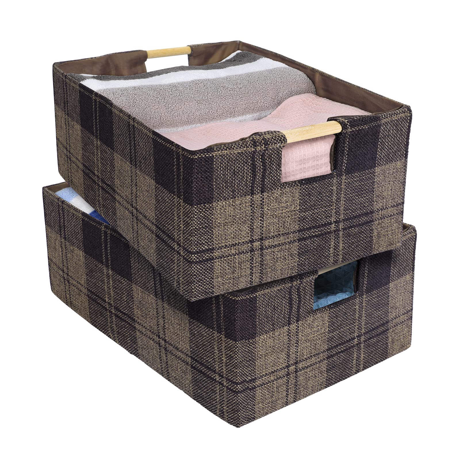 ANMINY 2PCS Storage Bins Set Foldable Cotton Linen Open Storage Baskets Box with Wood Handles Decorative Shelf Closet Clothes Towel Laundry Organizer Container - Medium, Coffee Plaid