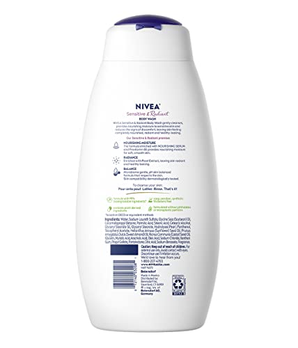 NIVEA Sensitive and Radiant Body Wash with Nourishing Serum, Provitamin B5 and Pearl Extract, 20 Fl Oz Bottles, 3 Count (Pack of 1)