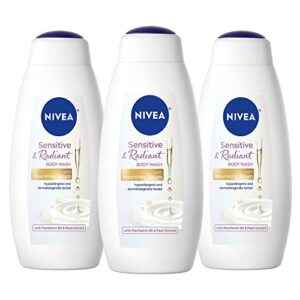 nivea sensitive and radiant body wash with nourishing serum, provitamin b5 and pearl extract, 20 fl oz bottles, 3 count (pack of 1)