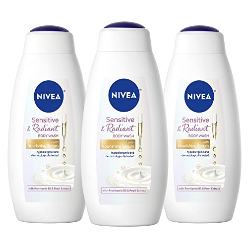 NIVEA Sensitive and Radiant Body Wash with Nourishing Serum, Provitamin B5 and Pearl Extract, 20 Fl Oz Bottles, 3 Count (Pack of 1)