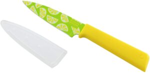 kuhn rikon colori+ non-stick straight paring knife with safety sheath, 4 inch/10.16 cm blade, funky fruit citrus