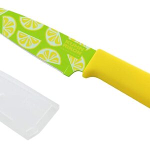 Kuhn Rikon Colori+ Non-Stick Straight Paring Knife with Safety Sheath, 4 inch/10.16 cm Blade, Funky Fruit Citrus