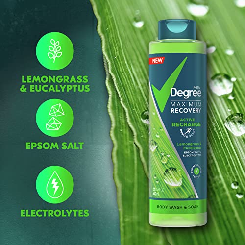 Degree Men Body Wash and Soak For Post-Workout Recovery Skincare Routine Lemongrass and Eucalyptus + Epsom Salt + Electrolytes Bath and Body Product, 22 FL Oz (Pack of 4)