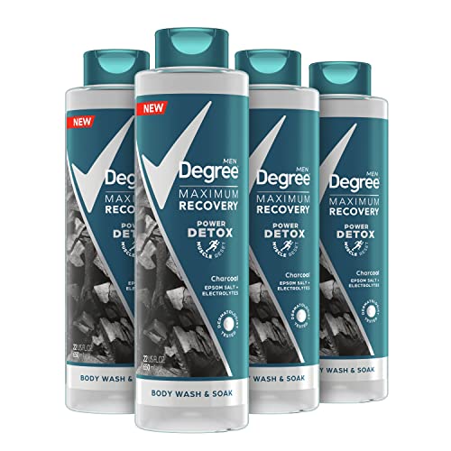 Degree Men Body Wash and Soak For Post-Workout Recovery Skincare Routine Charcoal + Epsom Salt + Electrolytes Bath and Body Product, 22 Fl Oz (Pack of 4)