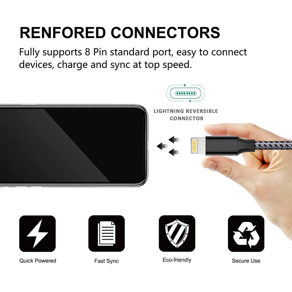 ZZT Charger Cable Compatible with Lightning Cable Nylon Braided High Speed USB Charging Cord Compatible with Apple Mfi-Certified iPhone 15 14 13 Pro Max/12/11 Pro/XS/XR/X/8/7/6/5/iPad(Gray Black)