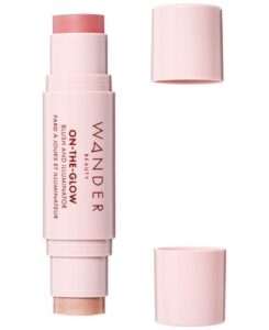 wander beauty on-the-glow blush and illuminator - coral rose/nude glow - 7-in-1 hydrating cream blush & highlighting stick - stick blush for cheeks, lip, & body - highlighter makeup & blush - 0.4 oz