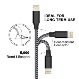 ZZT Charger Cable Compatible with Lightning Cable Nylon Braided High Speed USB Charging Cord Compatible with Apple Mfi-Certified iPhone 15 14 13 Pro Max/12/11 Pro/XS/XR/X/8/7/6/5/iPad(Gray Black)