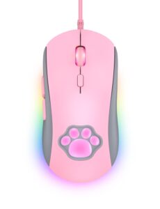 phnixgam cat paw rgb gaming mouse, silent optical computer mice usb wired with 6 adjustable dpi up to 7200, rgb lighting, 6 programmable buttons for windows/vista/linux (pink)