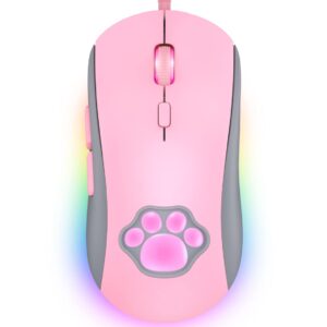 PHNIXGAM Cat Paw RGB Gaming Mouse, Silent Optical Computer Mice USB Wired with 6 Adjustable DPI Up to 7200, RGB Lighting, 6 Programmable Buttons for Windows/Vista/Linux (Pink)