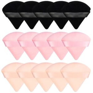 pimoys 15 pieces powder puff face soft triangle makeup velour puff, beauty sponge for loose powder and cosmetic foundation, blender makeup tool (black, pink, flesh)