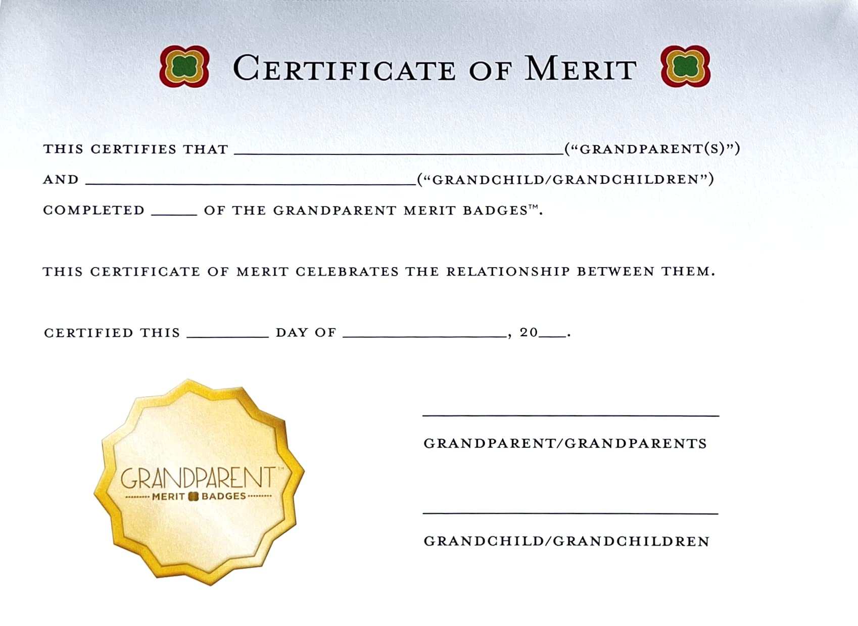 GRANDPARENT MERIT BADGES Kit First Edition - Best Gift idea! Fun with Grandkids Using This Keepsake Activity Journal. 18 Activity Journal Pages,Merit Badge Stickers and Certificate of Merit