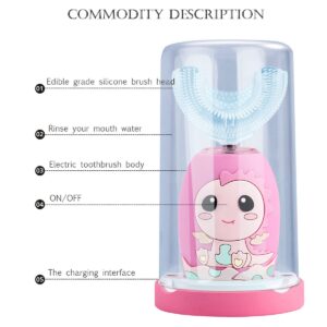 NC Kids Automatic Toothbrush with Blue Lights,U Shaped Design,USB Charging with Water Cup,IPX7 Waterproof,45s Cleans All Teeth,Pink