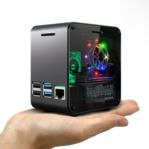 electrocookie raspberry pi 4 case, aluminum mini tower case with cooling fan and color changing ambient light (matte black & dark gray)