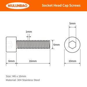 M6-1.0 x 16mm Hex Socket Head Cap Screws Bolts 304 Stainless Steel Allen Hex Drive, Machine Metric Fully Thread, 25PCS