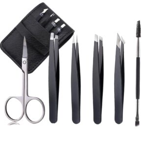 tweezers set tweezers for eyelashes stainless steel plucking precision tweezers set for ingrown hair remove and lash extension, plucking tweezers with leather case for gifts (6-piece)