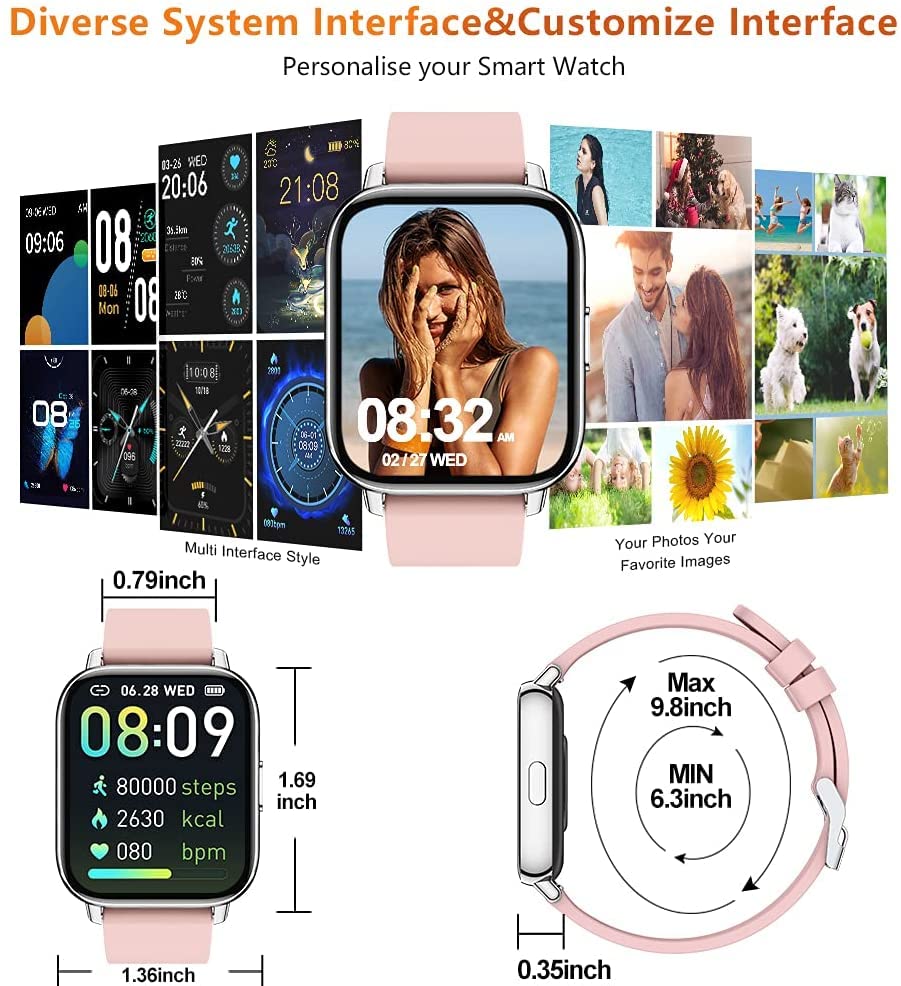 MuGo Smart Watch for Women, Fitness Watch 1.69" Touch Screen Smartwatch, Pedometer Watch with Heart Rate and Sleep Monitor, IP67 Waterproof Fit Watch, Activity Tracker Watch for iOS and Android Pink