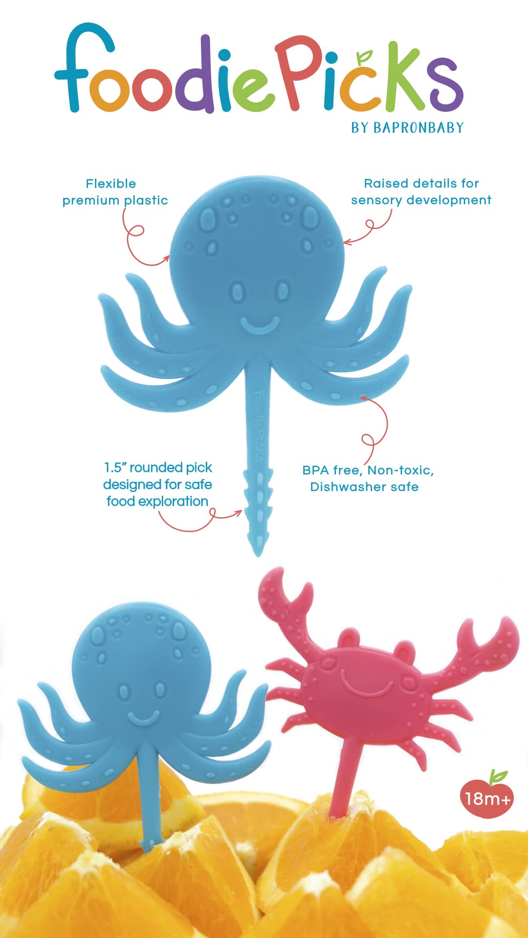 BapronBaby Sea Life Foodie Picks (2 Pack - Crab & Octopus) - Toddlers + Preschoolers Utensils - BPA Free - Dishwasher Safe - Self Feeding - 18 Months+