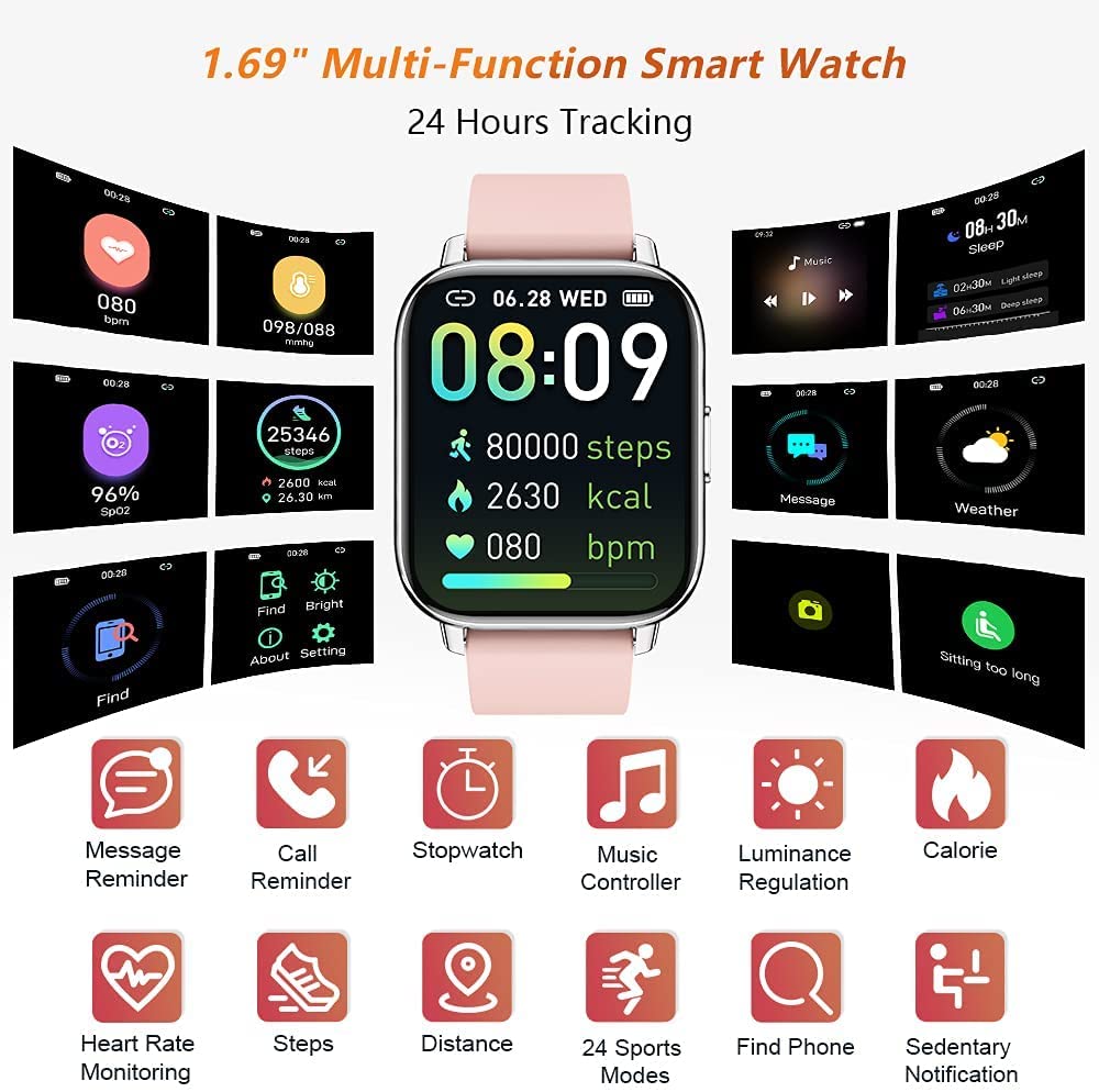 MuGo Smart Watch for Women, Fitness Watch 1.69" Touch Screen Smartwatch, Pedometer Watch with Heart Rate and Sleep Monitor, IP67 Waterproof Fit Watch, Activity Tracker Watch for iOS and Android Pink