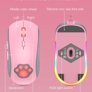 PHNIXGAM Cat Paw RGB Gaming Mouse, Silent Optical Computer Mice USB Wired with 6 Adjustable DPI Up to 7200, RGB Lighting, 6 Programmable Buttons for Windows/Vista/Linux (Pink)