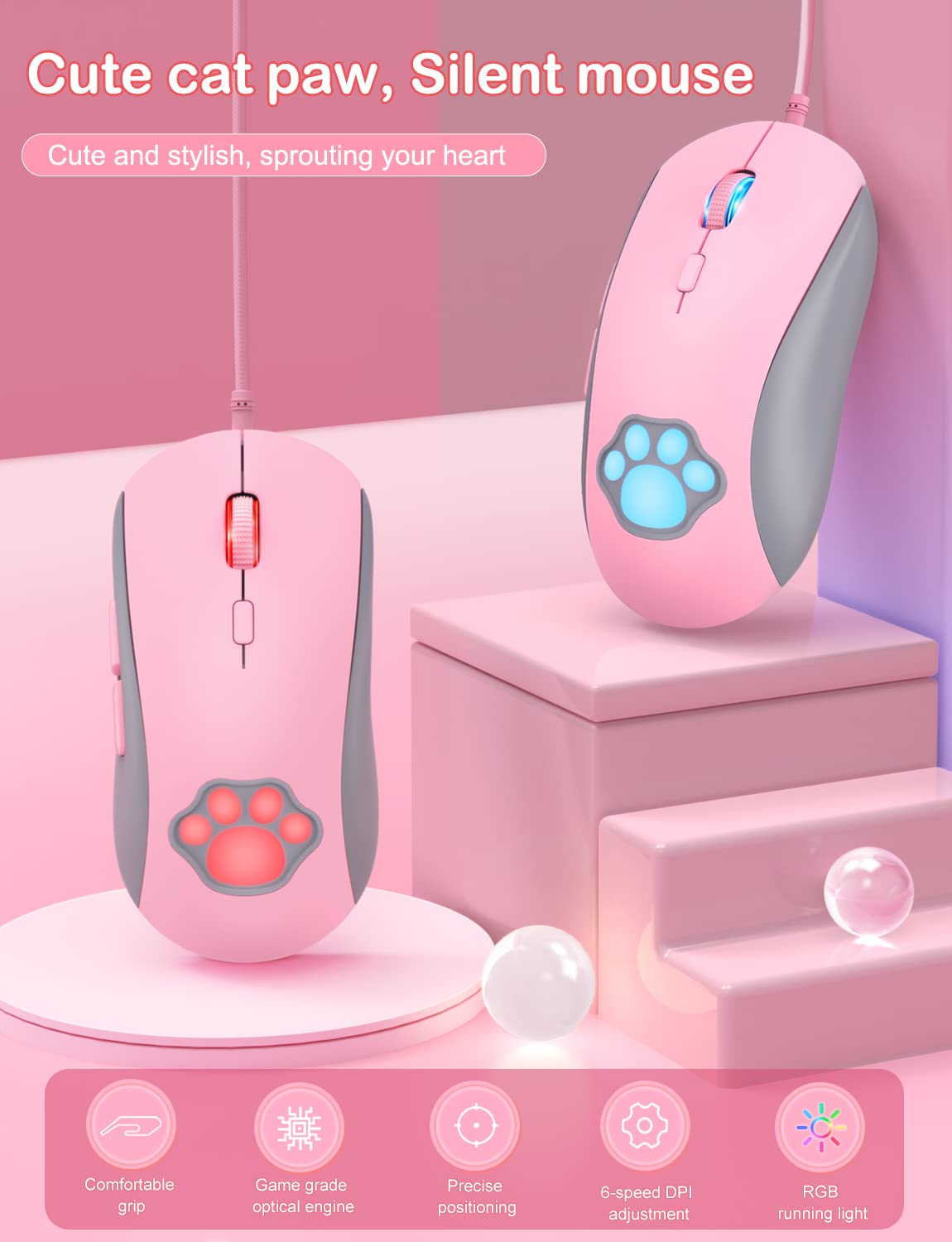 PHNIXGAM Cat Paw RGB Gaming Mouse, Silent Optical Computer Mice USB Wired with 6 Adjustable DPI Up to 7200, RGB Lighting, 6 Programmable Buttons for Windows/Vista/Linux (Pink)