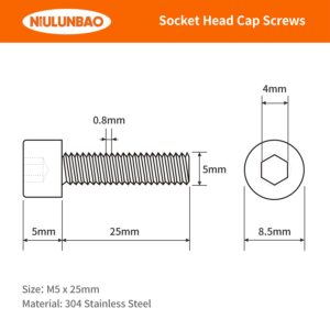 M5-0.8 x 25mm Hex Socket Head Cap Screws Bolts 304 Stainless Steel Metric Machine, Allen Hex Drive, Fully Thread, 50PCS