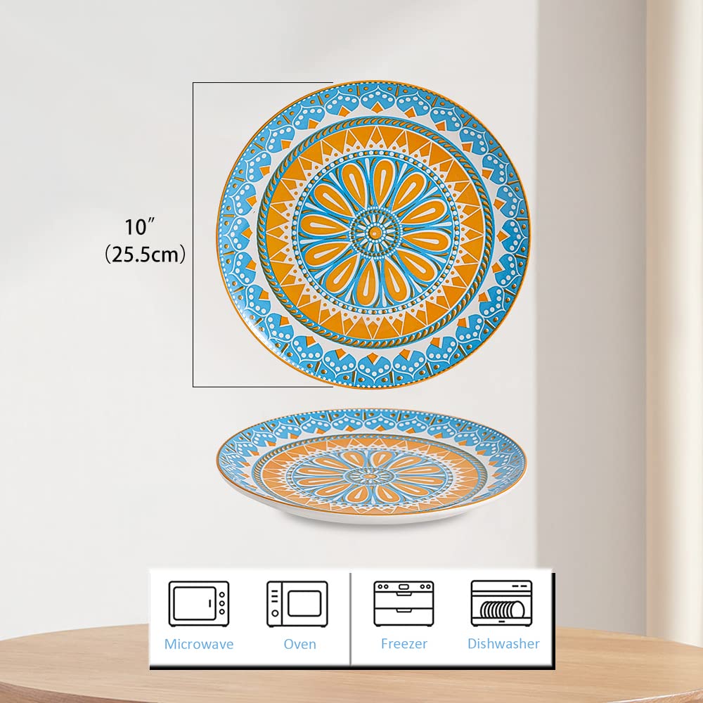 AHX Dinner Plates Ceramic Plate Set - 10 Inch Large Porcelain Round Plate Sets of 6 - Flat Colorful Pattern Dining Plates for Kitchen | Family - Dishwasher | Microwave | Oven Safe