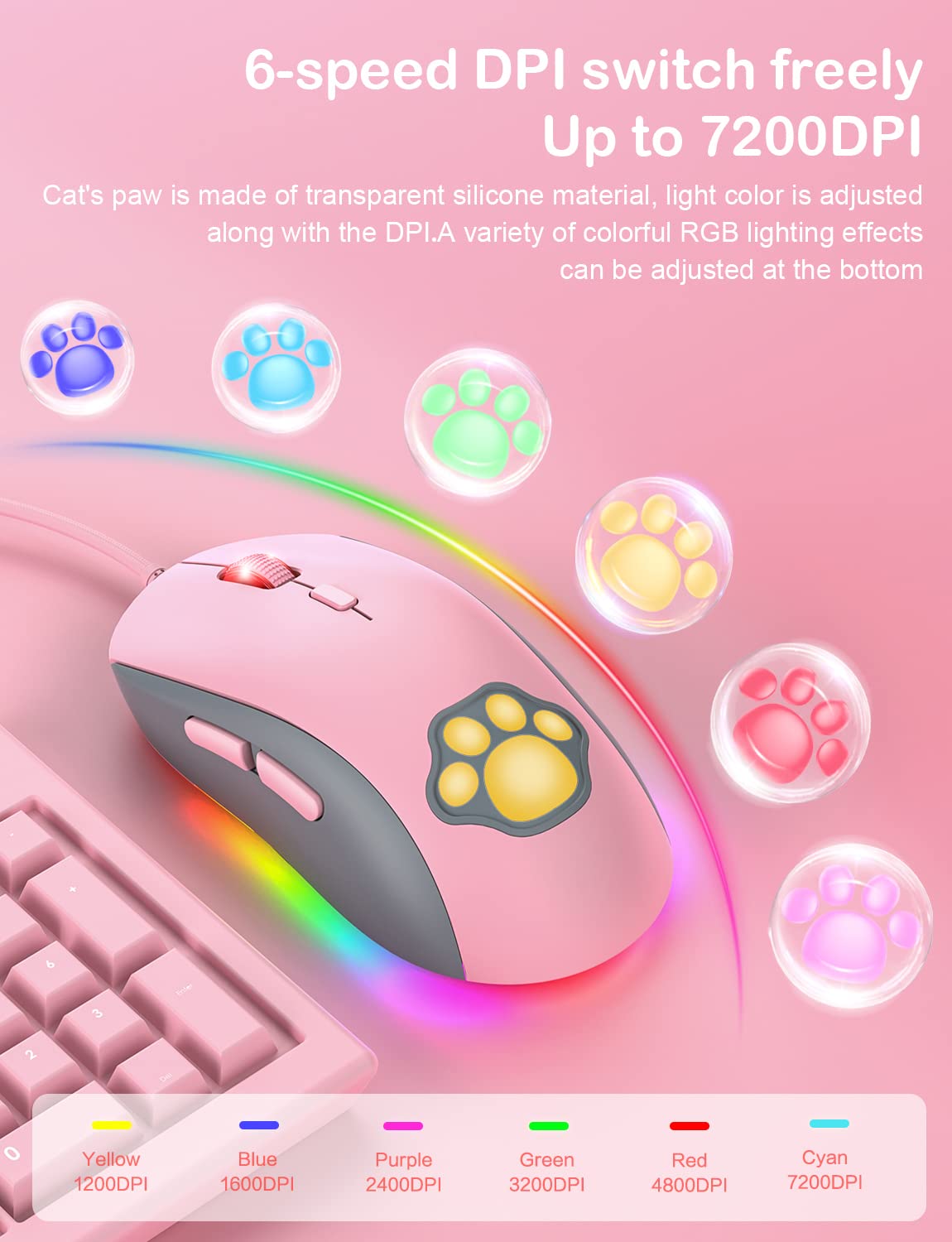 PHNIXGAM Cat Paw RGB Gaming Mouse, Silent Optical Computer Mice USB Wired with 6 Adjustable DPI Up to 7200, RGB Lighting, 6 Programmable Buttons for Windows/Vista/Linux (Pink)