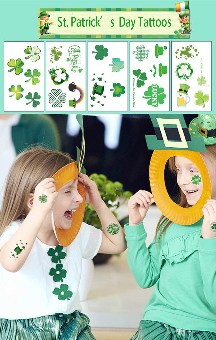 St. Patrick’S Day Tattoos Shamrock Temporary Tattoo Sticker Waterproof Clover Lucky Tattoos for Adults Kids Saint Patricks Day Costume Party Decor Supplies on Face Body 10 Sheets.