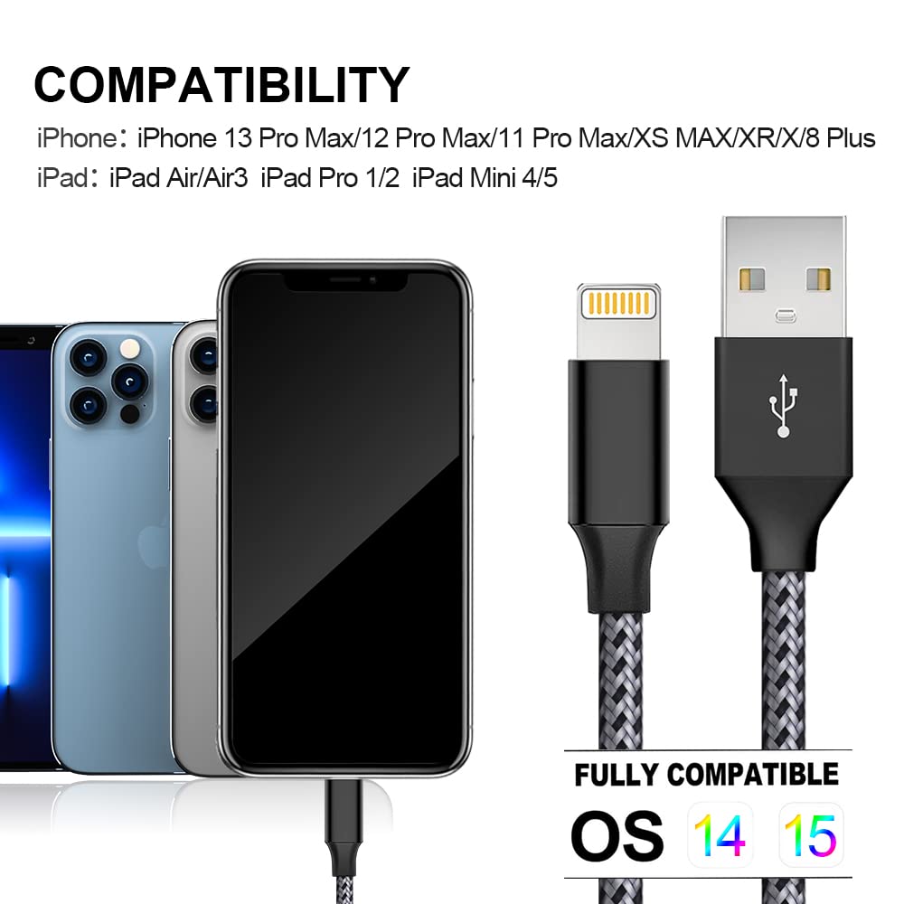 ZZT Charger Cable Compatible with Lightning Cable Nylon Braided High Speed USB Charging Cord Compatible with Apple Mfi-Certified iPhone 15 14 13 Pro Max/12/11 Pro/XS/XR/X/8/7/6/5/iPad(Gray Black)