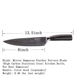 HaoMing Kitchen Knife 8 Inch Damascus Pattern Chef's Knife High Carbon Stainless Steel Sharp Paring Knife with Ergonomic Color Wood Handle