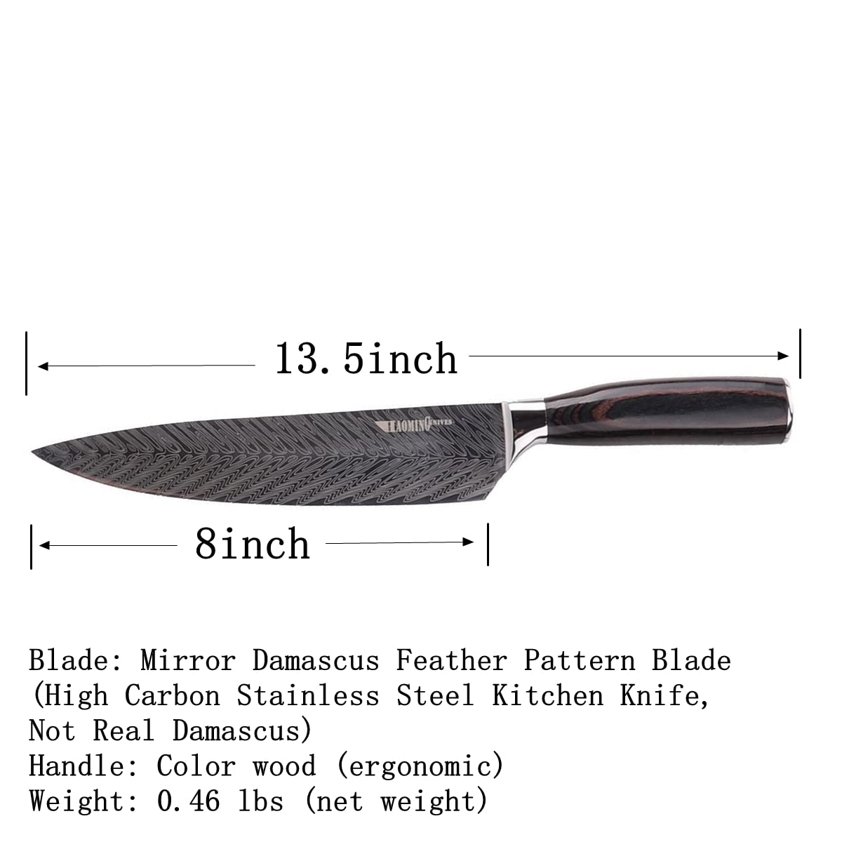 HaoMing Kitchen Knife 8 Inch Damascus Pattern Chef's Knife High Carbon Stainless Steel Sharp Paring Knife with Ergonomic Color Wood Handle