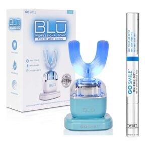 go smile blu hands-free teeth whitening toothbrush, in teal with additional on the go teeth whitening pen