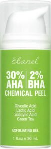 ebanel 30% aha 2% bha chemical peel exfoliant gel, face peel with glycolic acid, salicylic acid, lactic acid, green tea, chamomile for acne scars, dark spots, wrinkles, fine lines