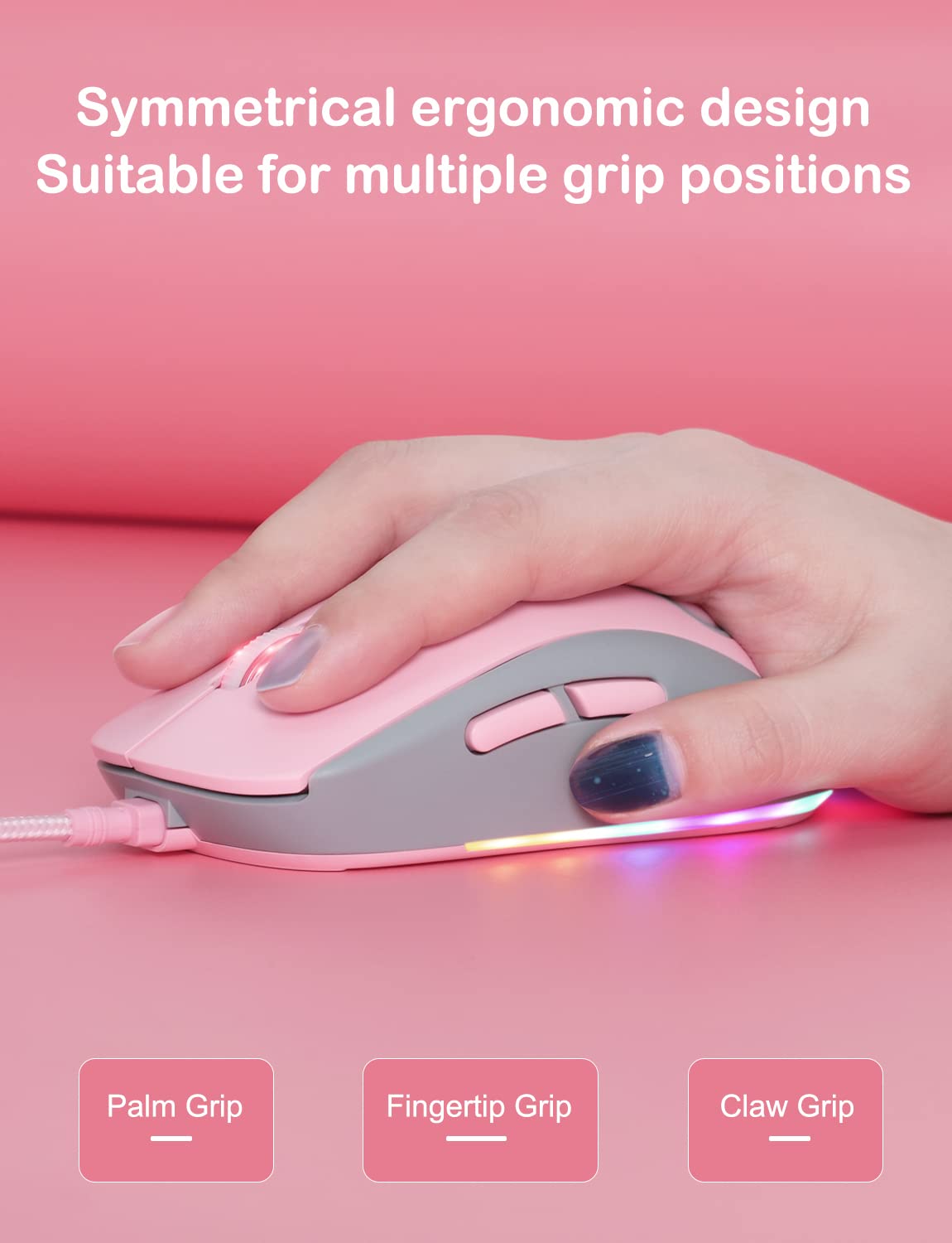 PHNIXGAM Cat Paw RGB Gaming Mouse, Silent Optical Computer Mice USB Wired with 6 Adjustable DPI Up to 7200, RGB Lighting, 6 Programmable Buttons for Windows/Vista/Linux (Pink)